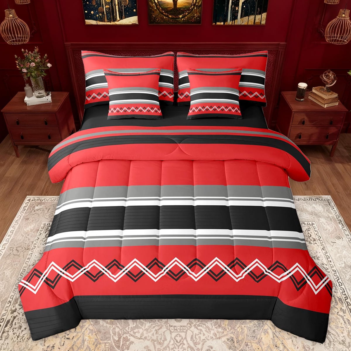 Homewish Simple Red Abstract Bedding Comforter Set 7 Pieces, Chic ...