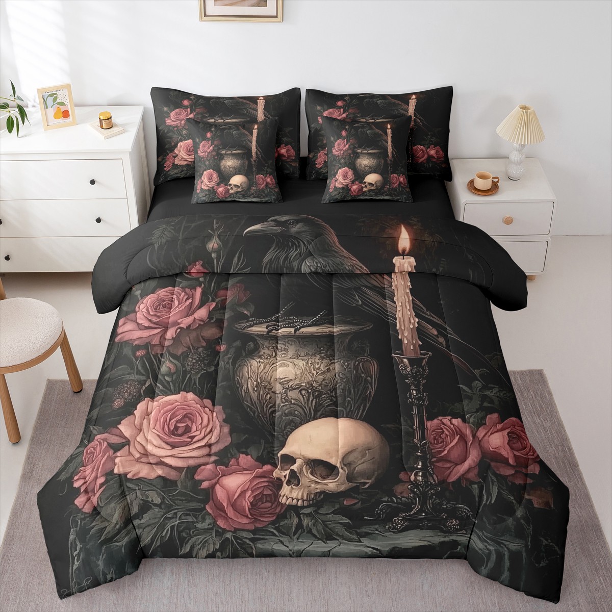 Homewish Skull Crow Flowers Bedding Comforter Set 7-Piece for Teens ...