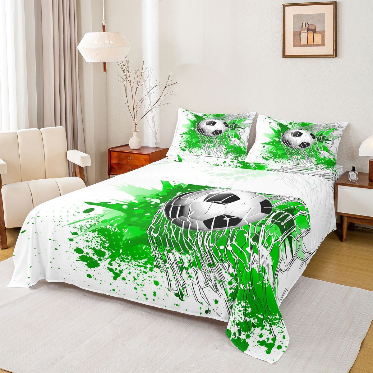 Homewish Soccer Football Print 4pcs Bed Sheets For Teens,Green ...