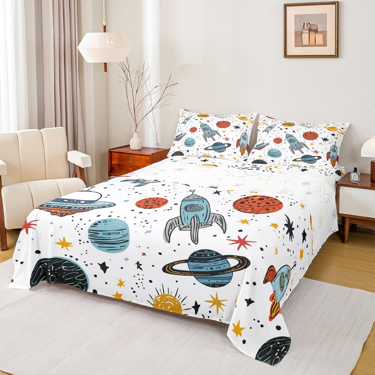 Homewish Space Ship Rocket Full Size Sheets,Cartoon Universe Planet Bed ...