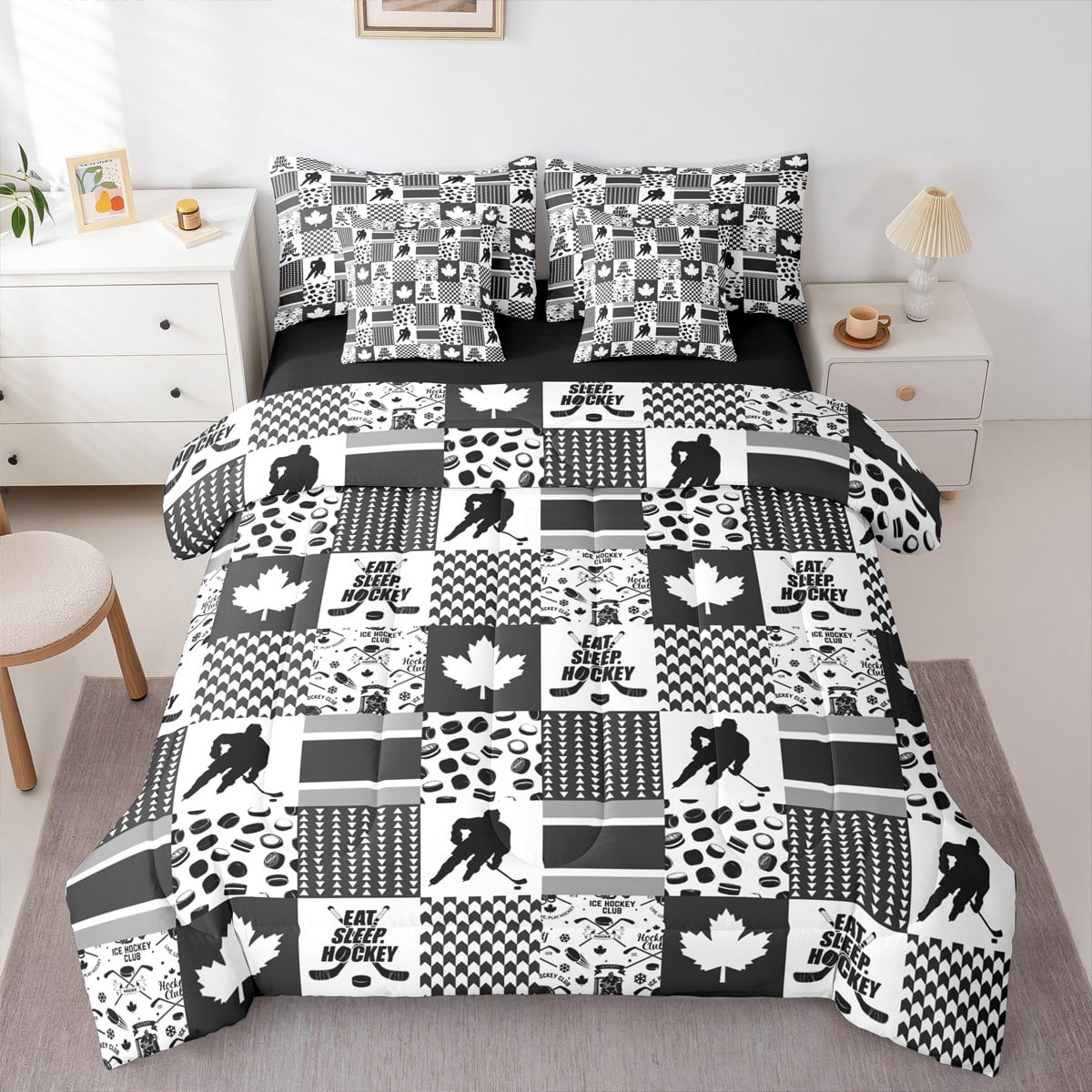 Homewish Sport Ice Hockey 7-Piece Full Bedding Set - Grid Plaid Ball ...