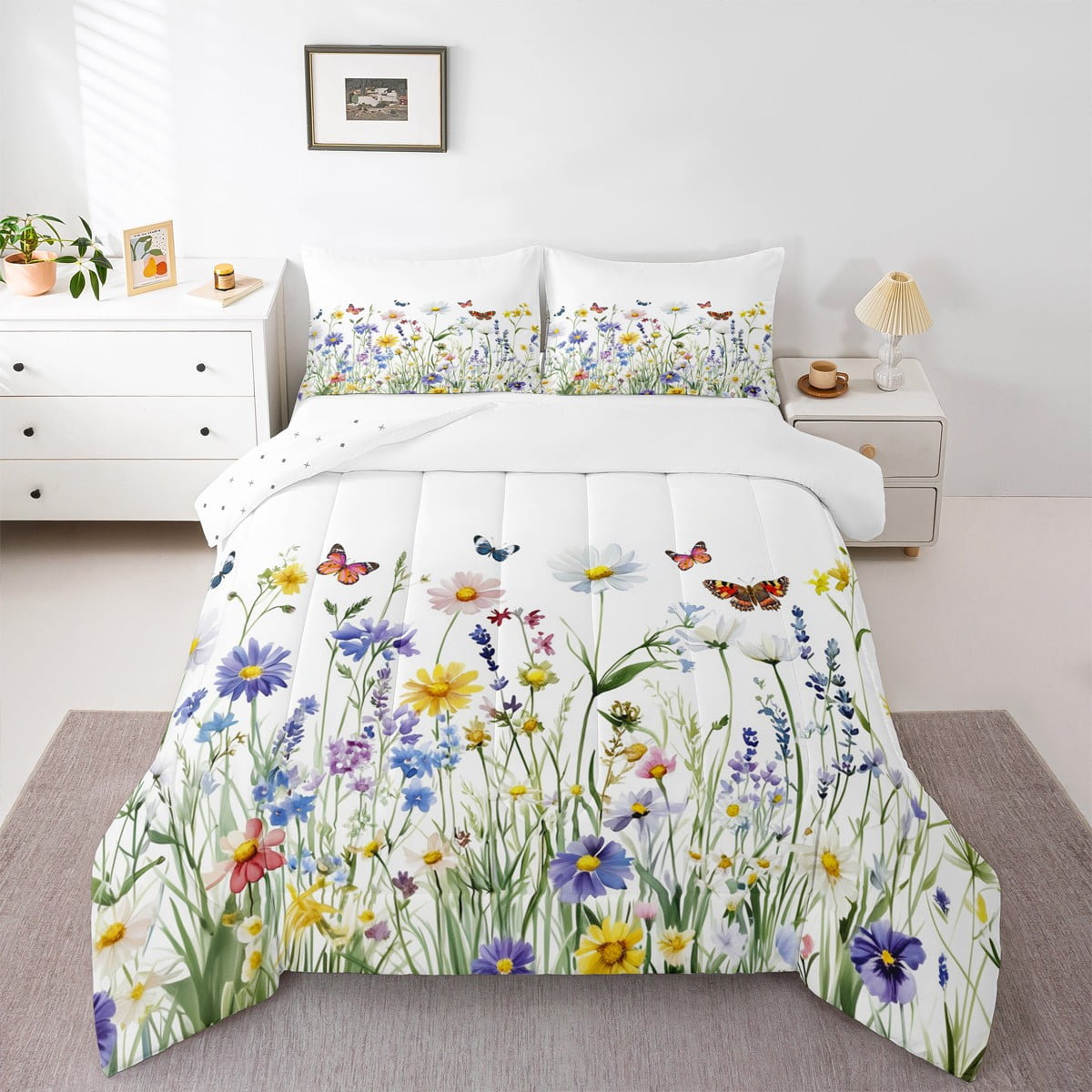 Homewish Spring Flower Queen Comforter Set,Colorful Cartoon Butterfly ...