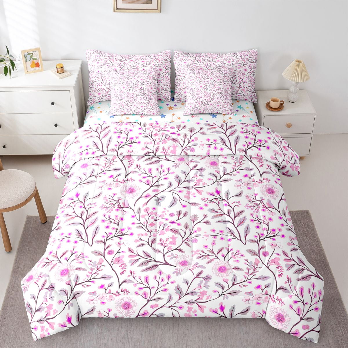Homewish Spring Garden 7-Piece Full Bedding Set - Pink Floral Leaves ...