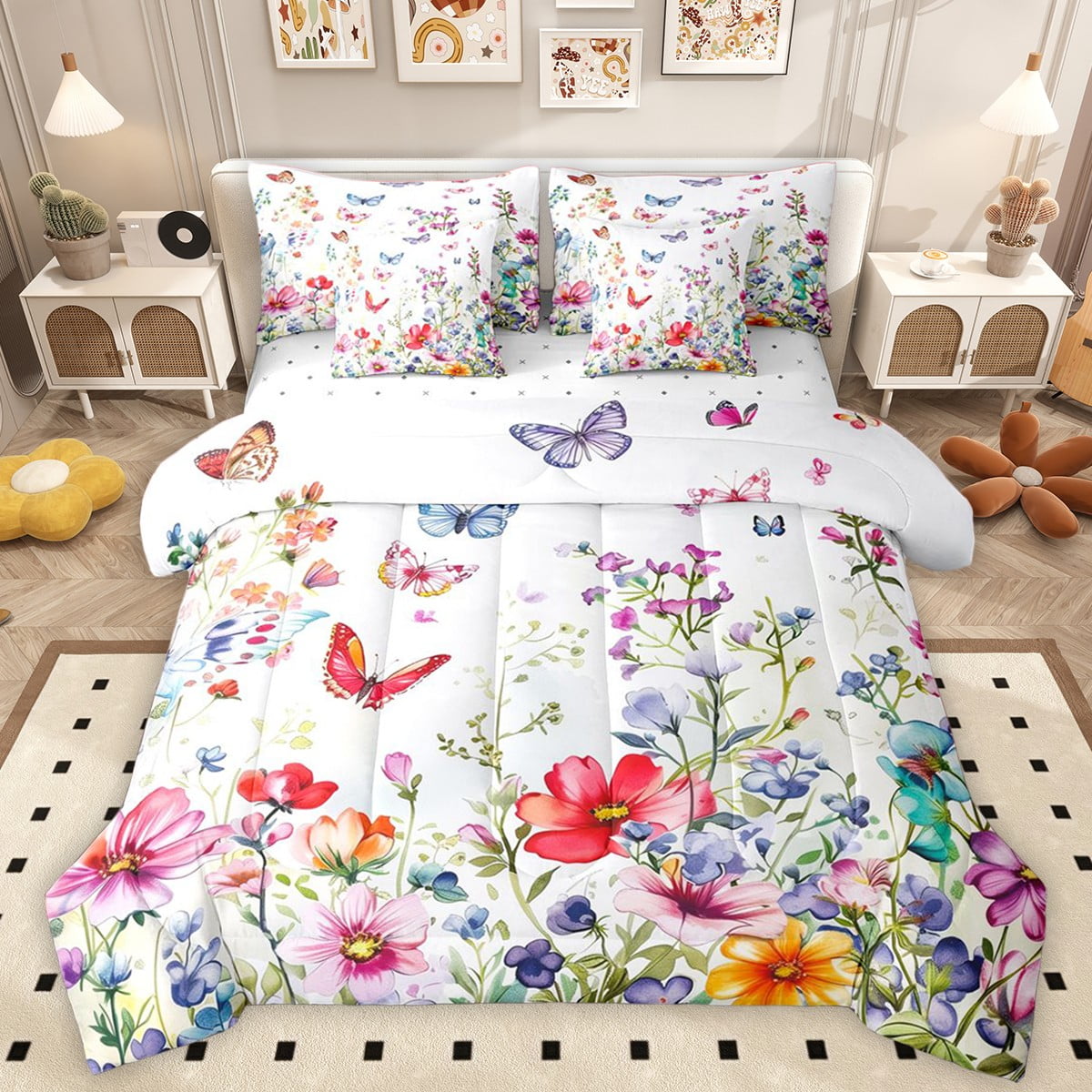 Homewish Spring Garden 7-Piece Queen Bedding Set - Butterflies Floral ...