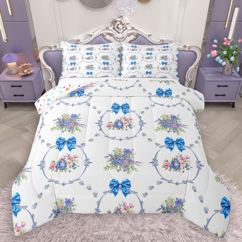 Homewish Spring Garden Floral Queen Comforter Set, Kawaii Blue Bowknot ...