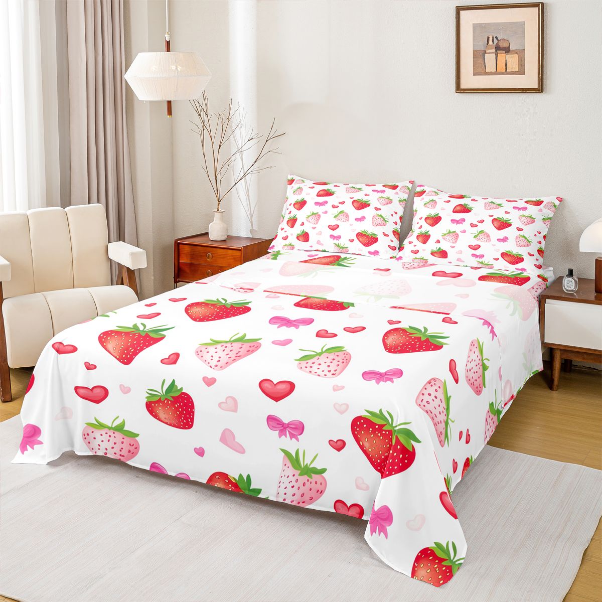 Homewish Strawberry Bed Sheets,Cartoon Heart Print King Sheets,Red Pink ...