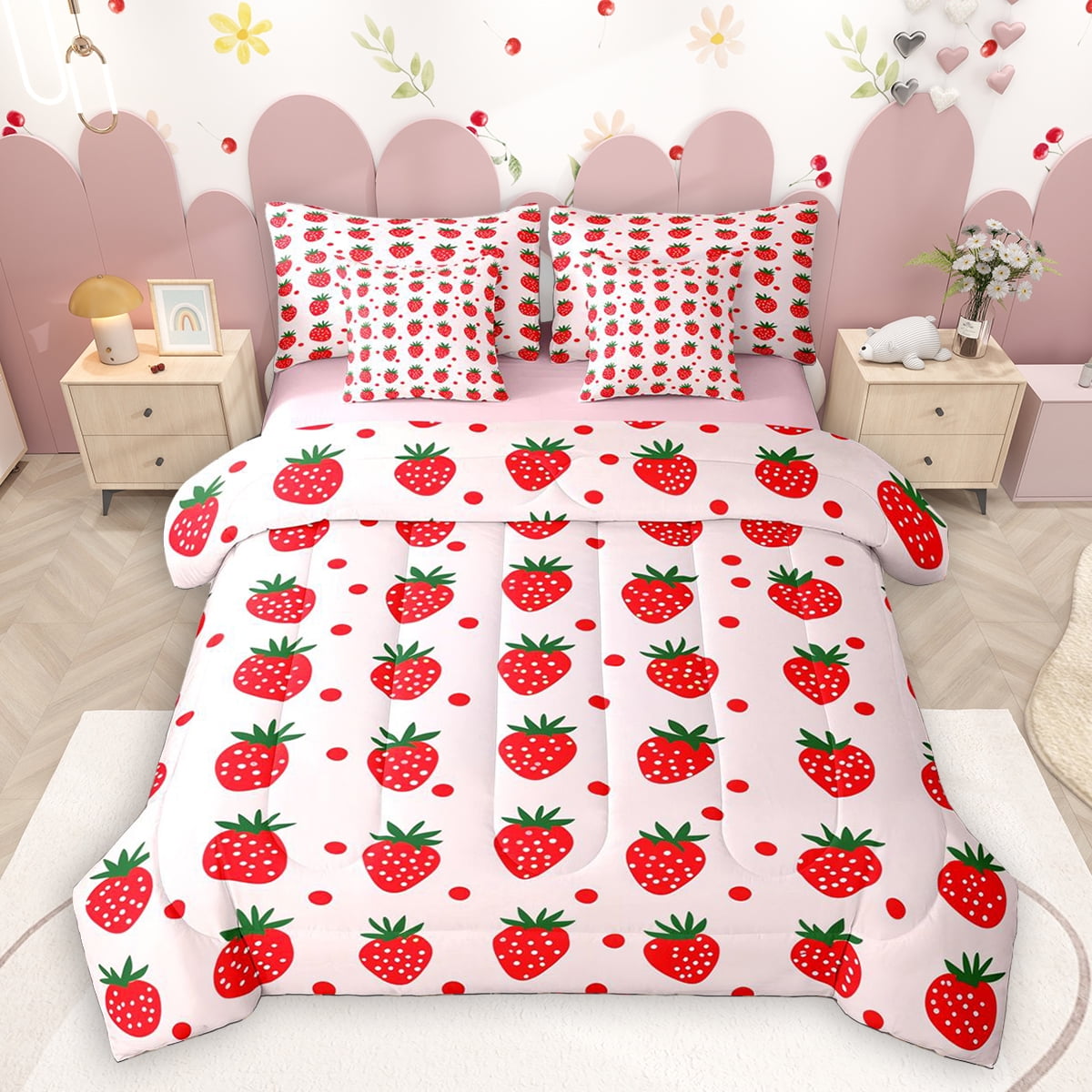 Homewish Sweet Cartoon Strawberry 7-Piece Bedding Comforter Set,Polka ...