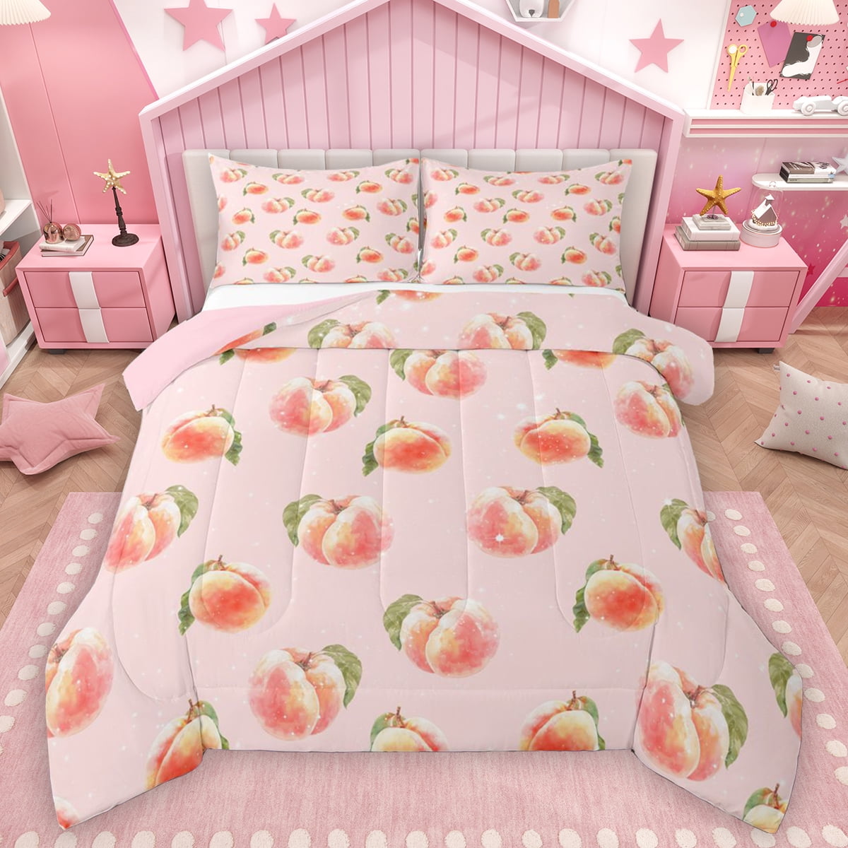 Homewish Sweet Peach Queen Comforter Set,Summer Fruit Bedding Sets,Pink ...