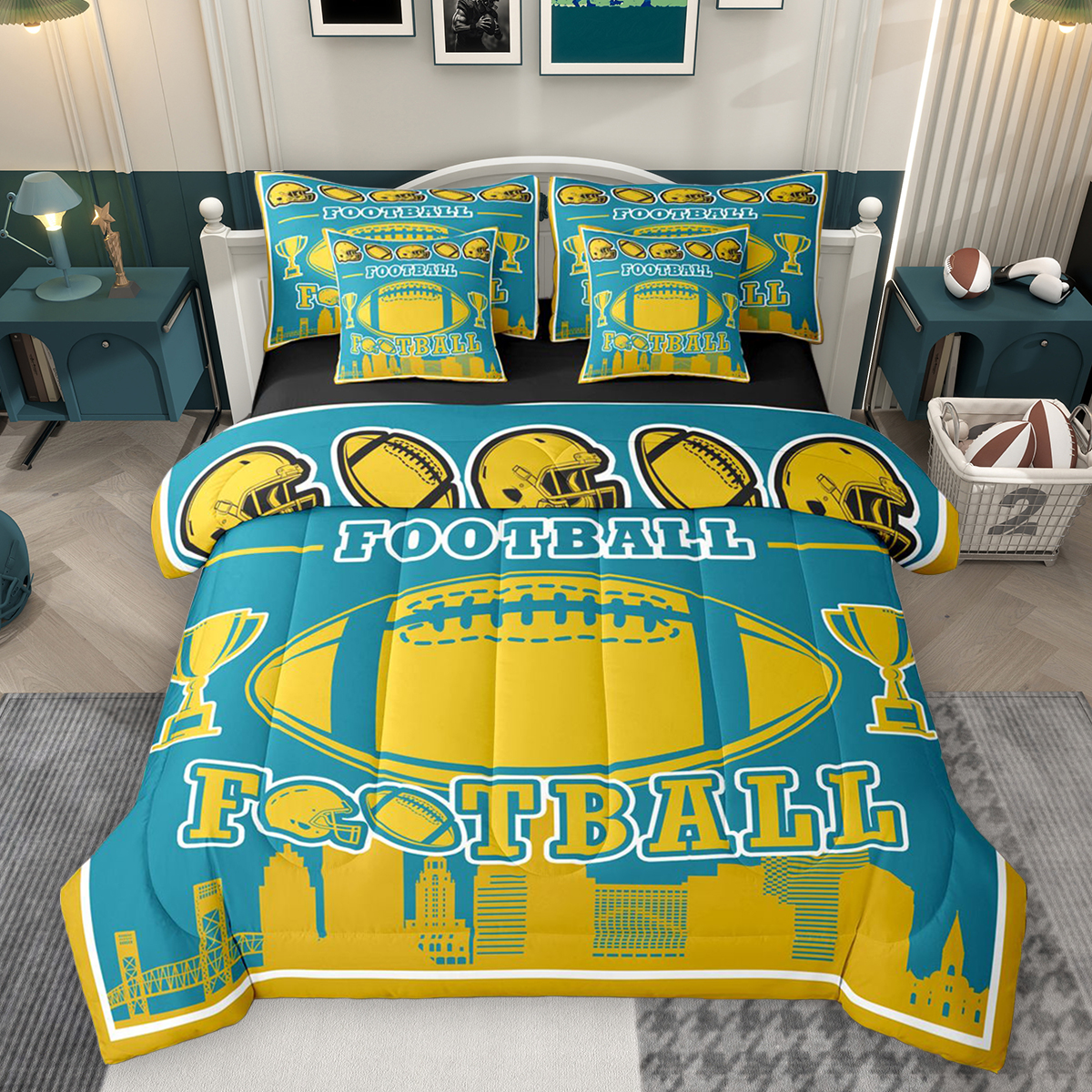 Homewish Teal Yellow Soccer Twin Bedding Sets 7-Piece for Boy, Cartoon ...