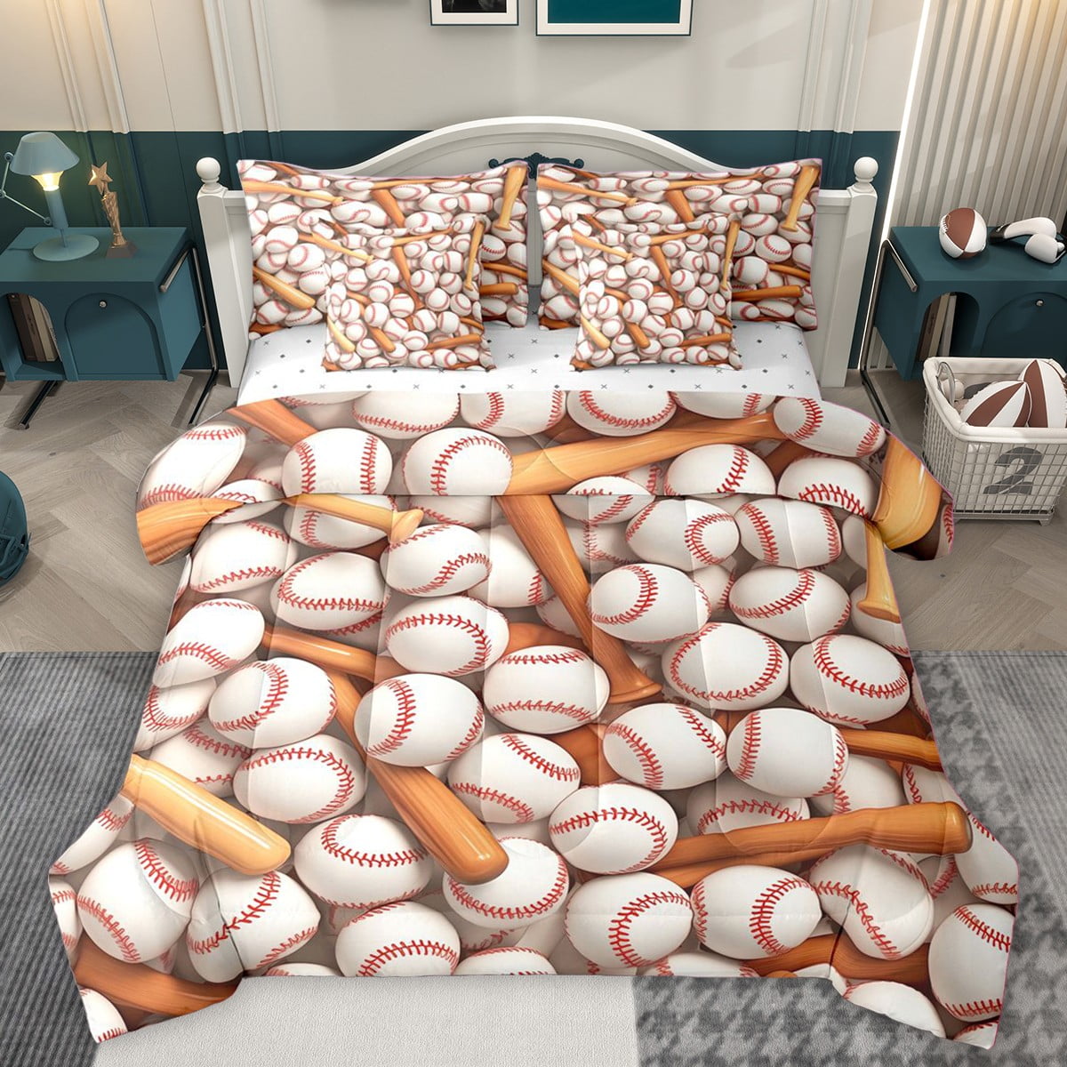 Homewish Teens Baseball Print Bedding Comforter Set 7pcs,Ball Gamer ...