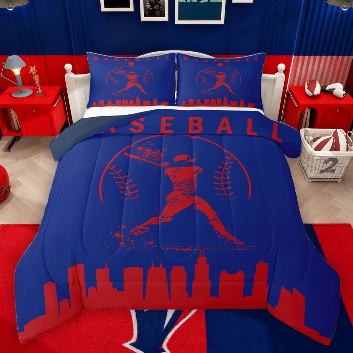 Homewish Teens Baseball Print Bedding Comforter Set, Blue Red Abstract ...