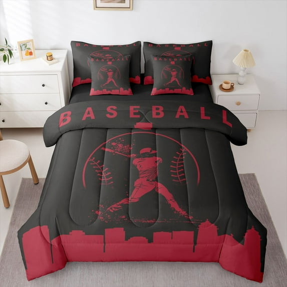 Homewish Teens Baseball Print Twin Bedding Sets 7-Piece, Black Crismon ...