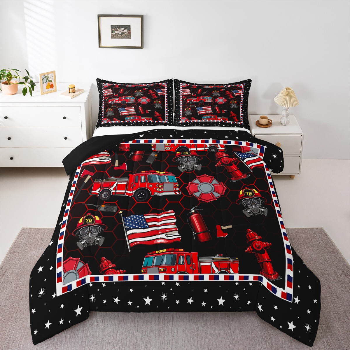Homewish Teens Boys Fire Truck 3 Pieces Queen Comforter Set,Geometric ...