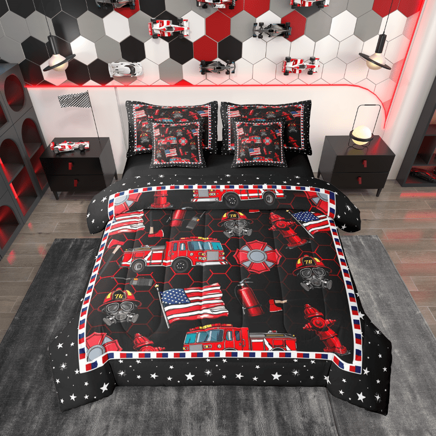 Homewish Teens Boys Fire Truck 7 Pieces Bedding Comforter Set,Geometric ...