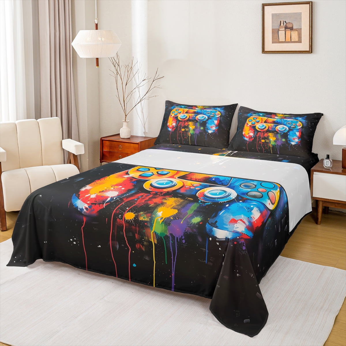 Homewish Teens Colorful Gamepad Queen Sheet Sets,Watercolor Graffiti ...