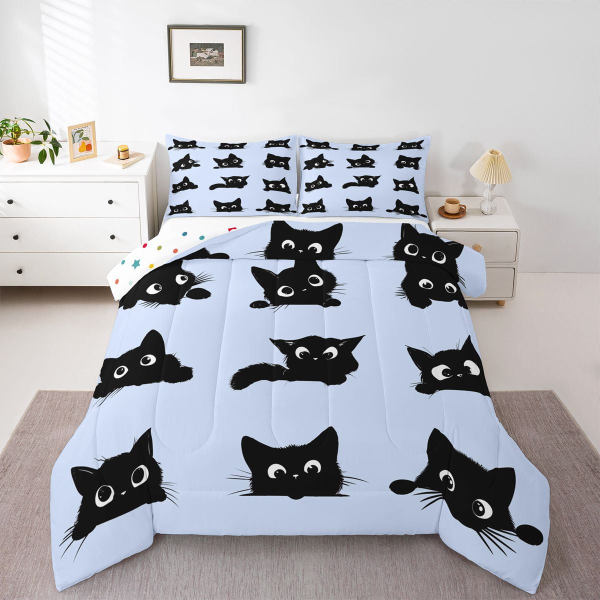 Homewish Teens Cute Black Cats 3 Pieces Queen Comforter Set,Cartoon Pet ...