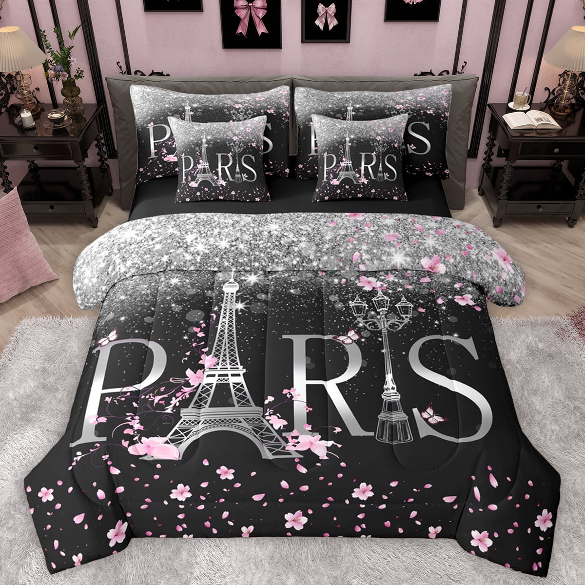 Homewish Teens Eiffel Tower Bedding Comforter Set 7 Pieces, Romantic ...