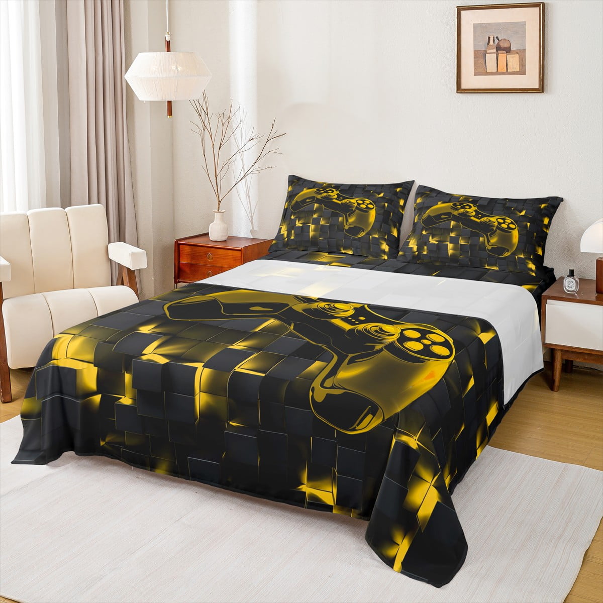 Homewish Teens Gamepad Gamer Queen Sheet Sets, Neon Yellow Game Console ...