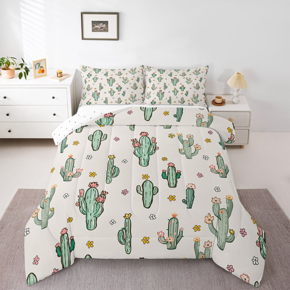Homewish Teens Green Cactus Full Size Comforter Sets 3-Piece,Botanical ...