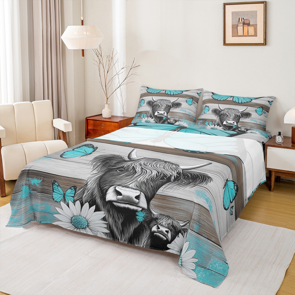 Homewish Teens Highland Bull Queen Sheet Sets, Dreamy Butterfly Animal ...