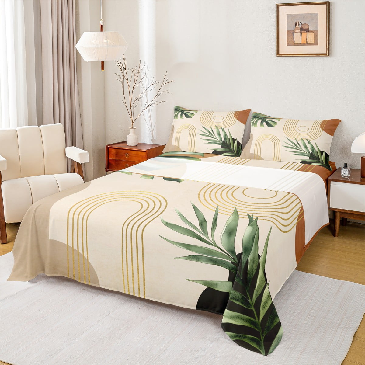 Homewish Tropical Bontical Monstera Bed Sheets,Boho Geometric Lines ...