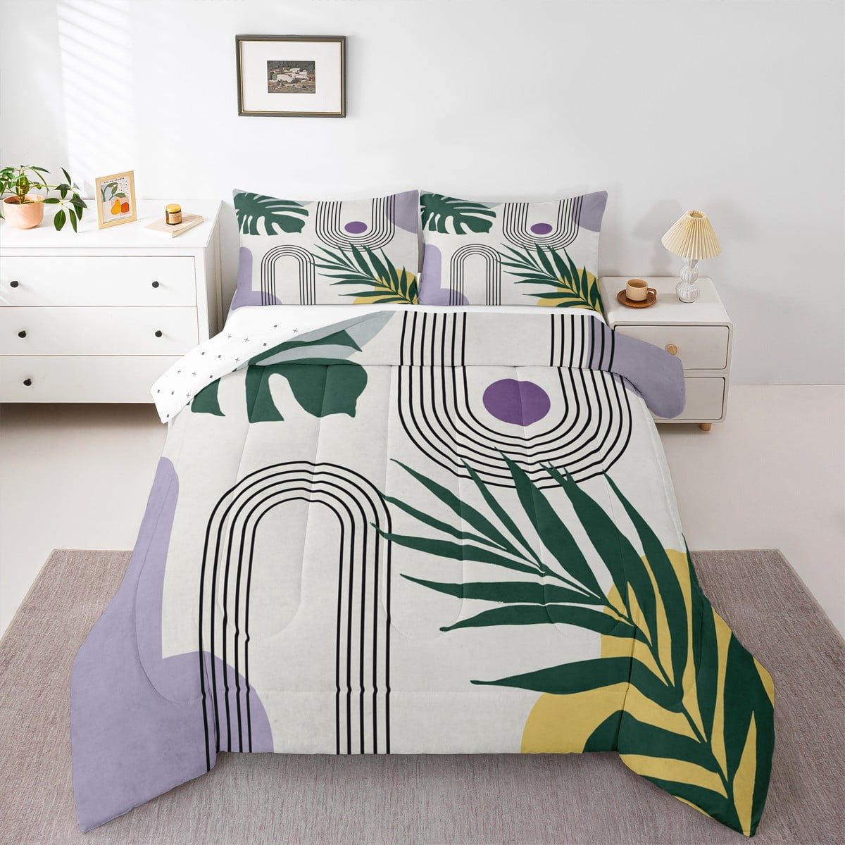 Homewish Tropical Bontical Monstera Queen Comforter Set,Boho Geometric ...
