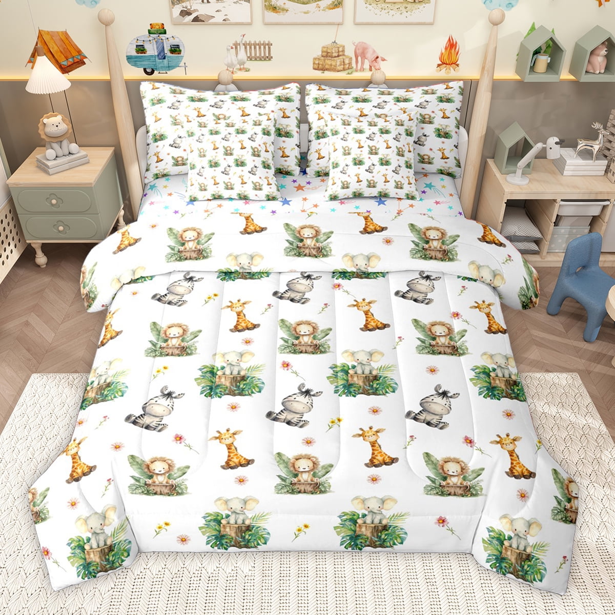 Homewish Tropical Monstera Leaf 7-Piece Queen Bedding Set Zoo Giraffe ...