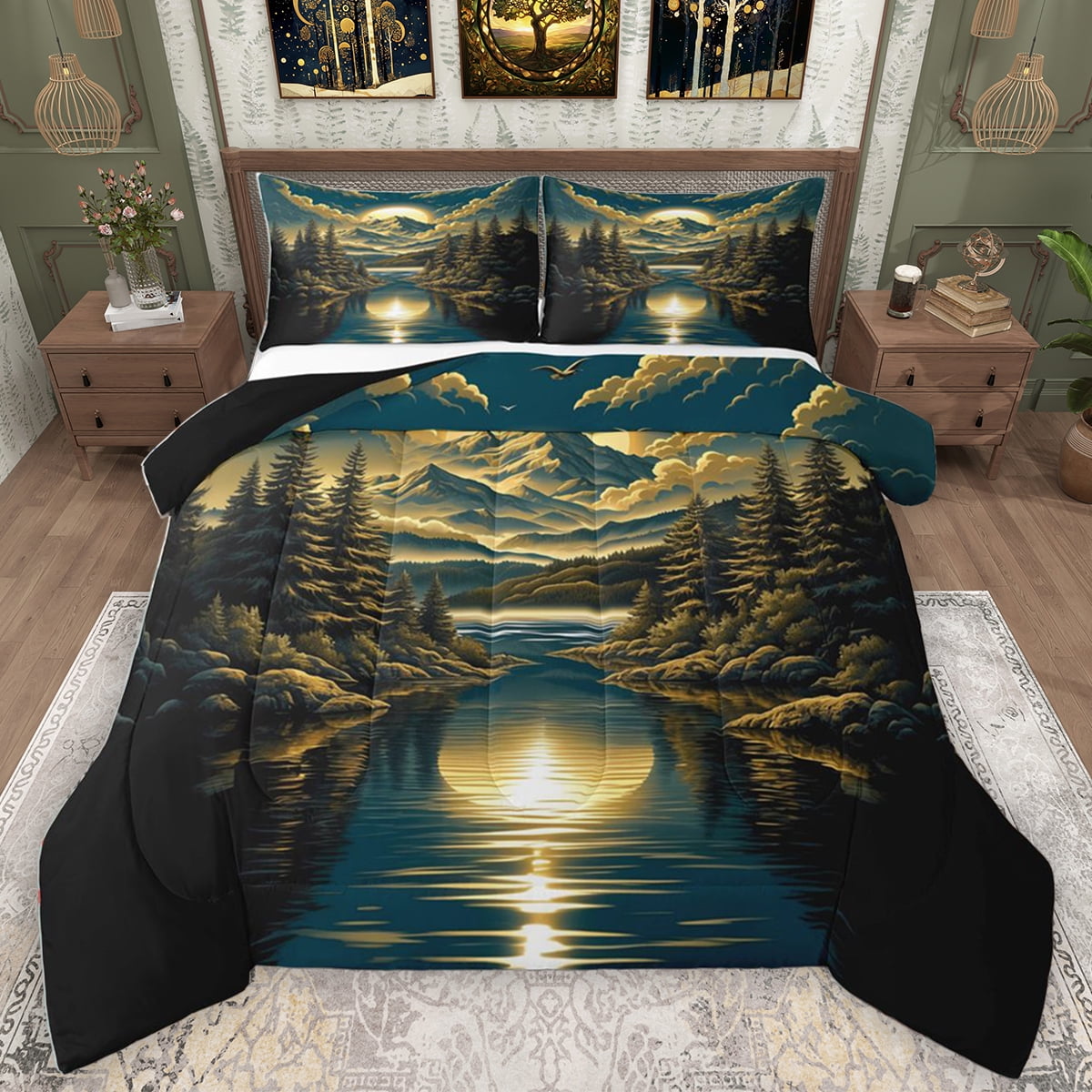 Homewish Tropical Pine Tree Full Size Comforter Sets,Rustic Farmhouse ...