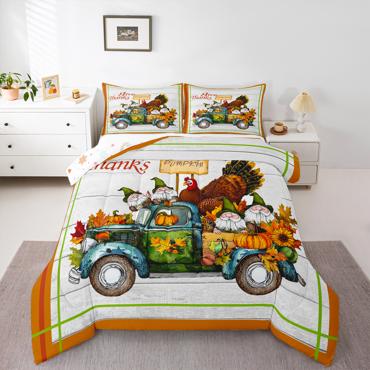 Homewish Turkey Pumpkin Sunflower 3-Piece Full Size Comforter Sets For ...
