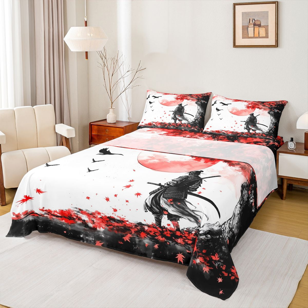 Homewish Ukiyoe Style Full Size Sheets,Jalan Samurai Bed Sheets,Red ...