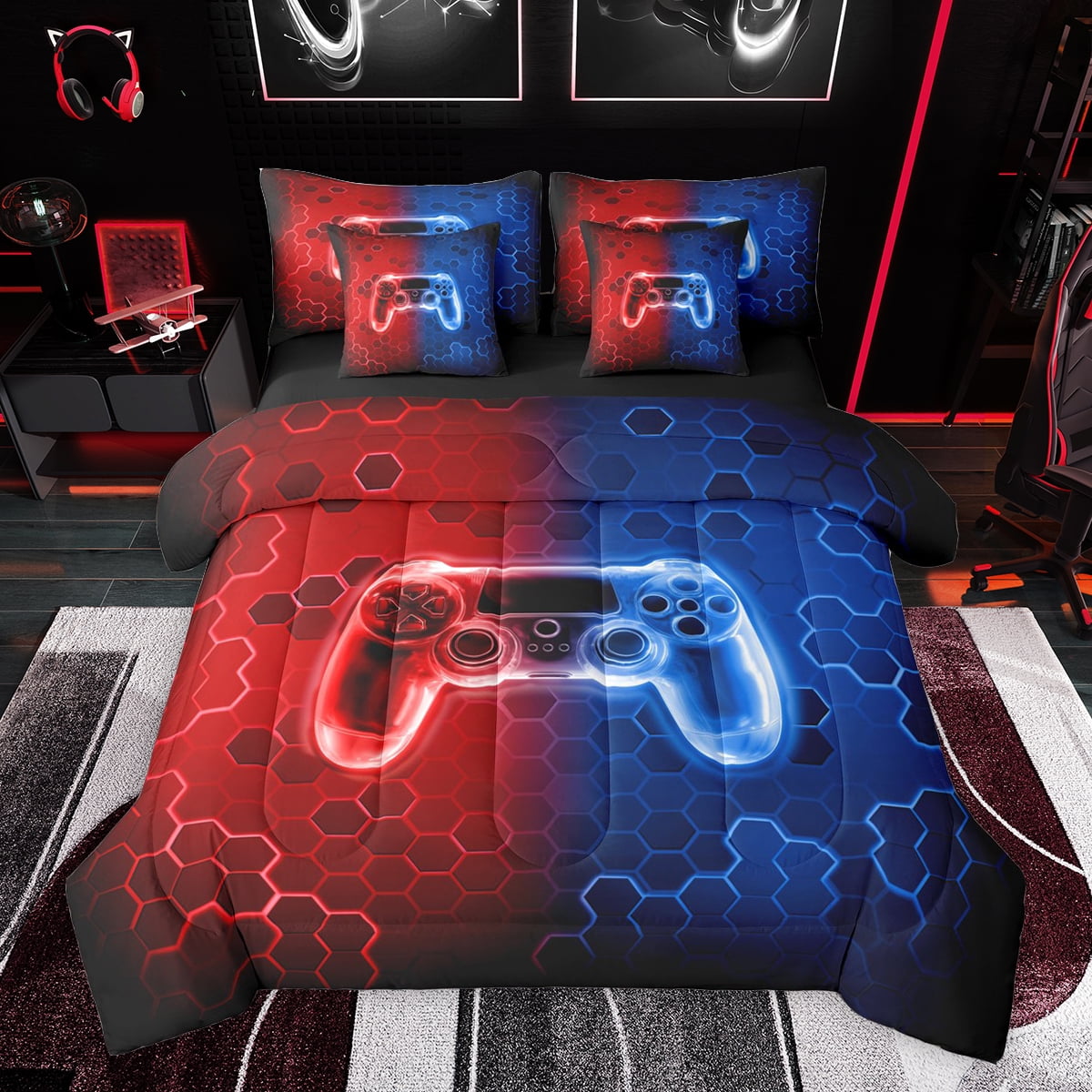 Homewish Video Game Bedding Comforter Set 7pcs for Boys Girls,Blue Red ...
