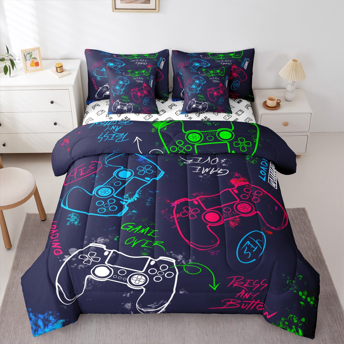 Homewish Video Game 7-Piece Queen Bedding Set - Gamer Gamepads Retro ...