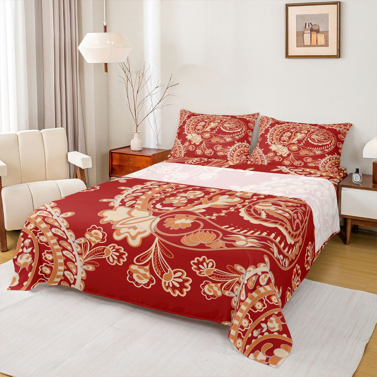 Homewish Vinatbe Red Paisley Full Size Sheets, Western Hippie Bohemian ...