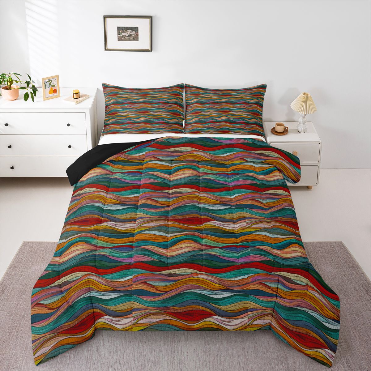 Homewish Vintage Abstract Ombre Queen Comforter Set, Red Blue Stripes ...