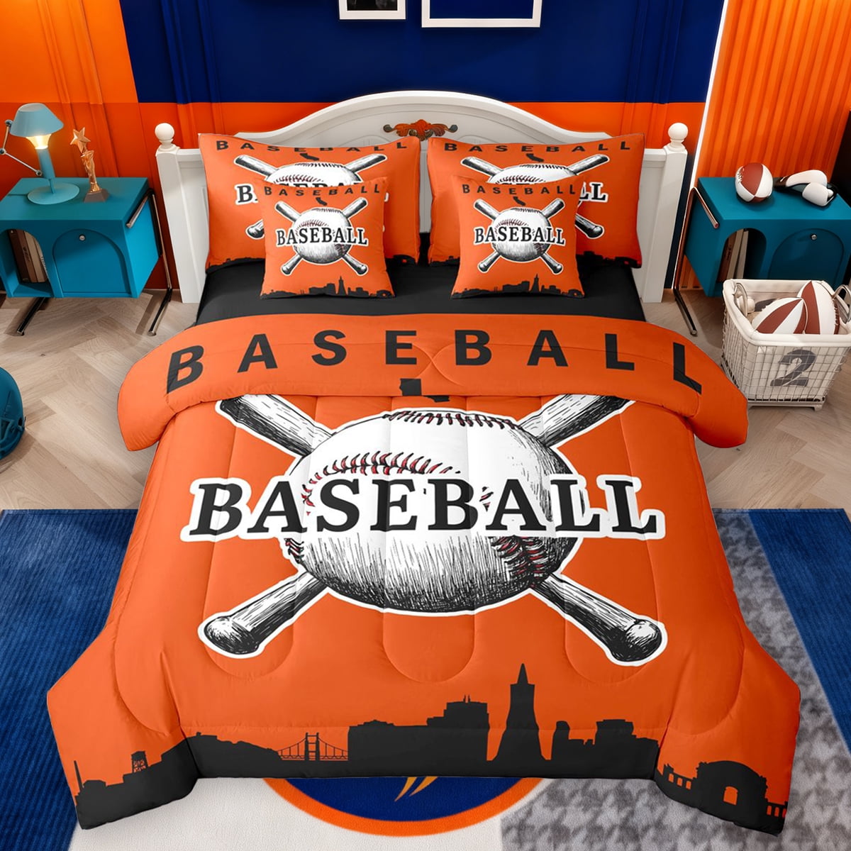 Homewish Vintage Baseball Print Bedding Comforter Set 7pcs for Boy ...