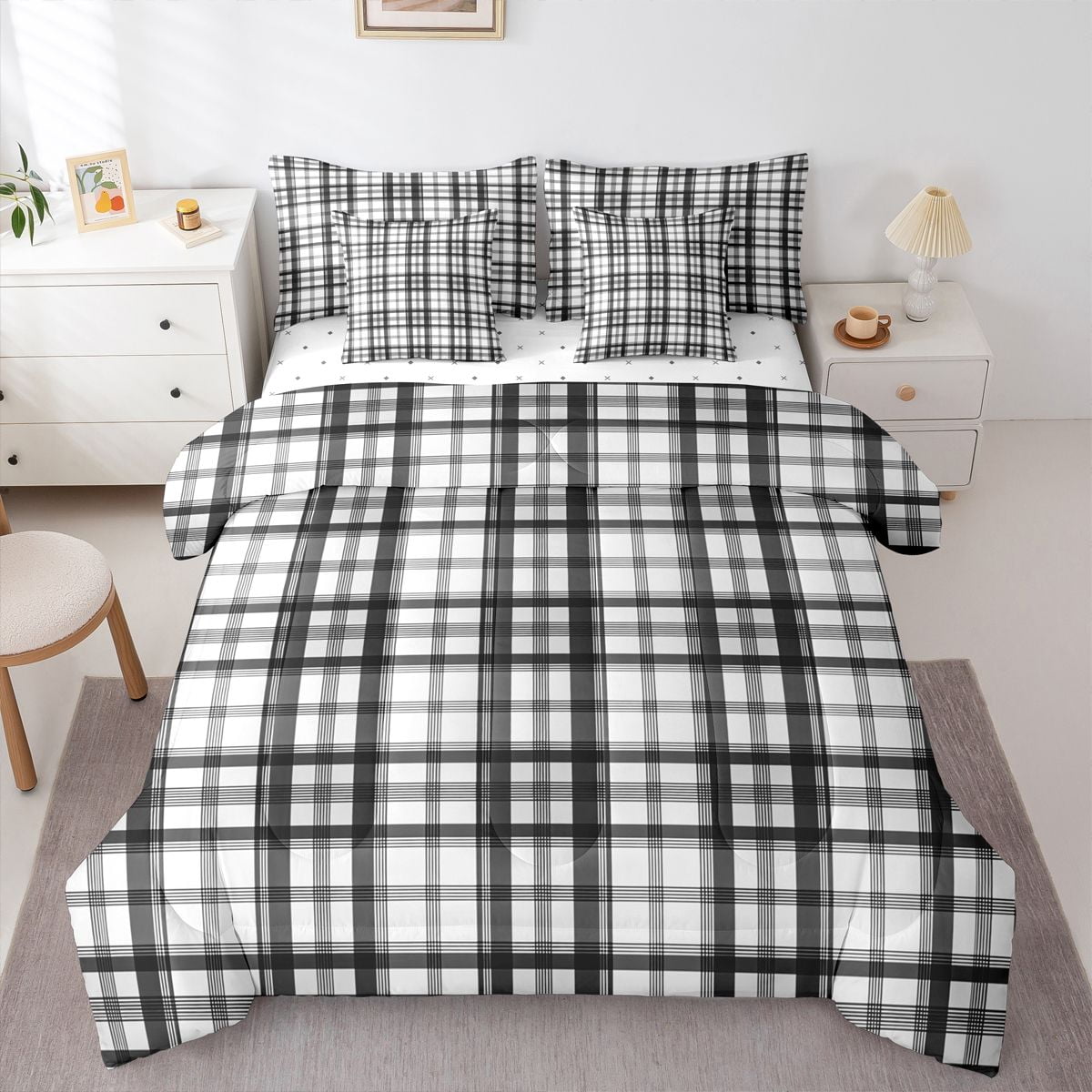 Homewish Vintage Buffalo Plaid Bedding Comforter Set 7pcs, White Black ...
