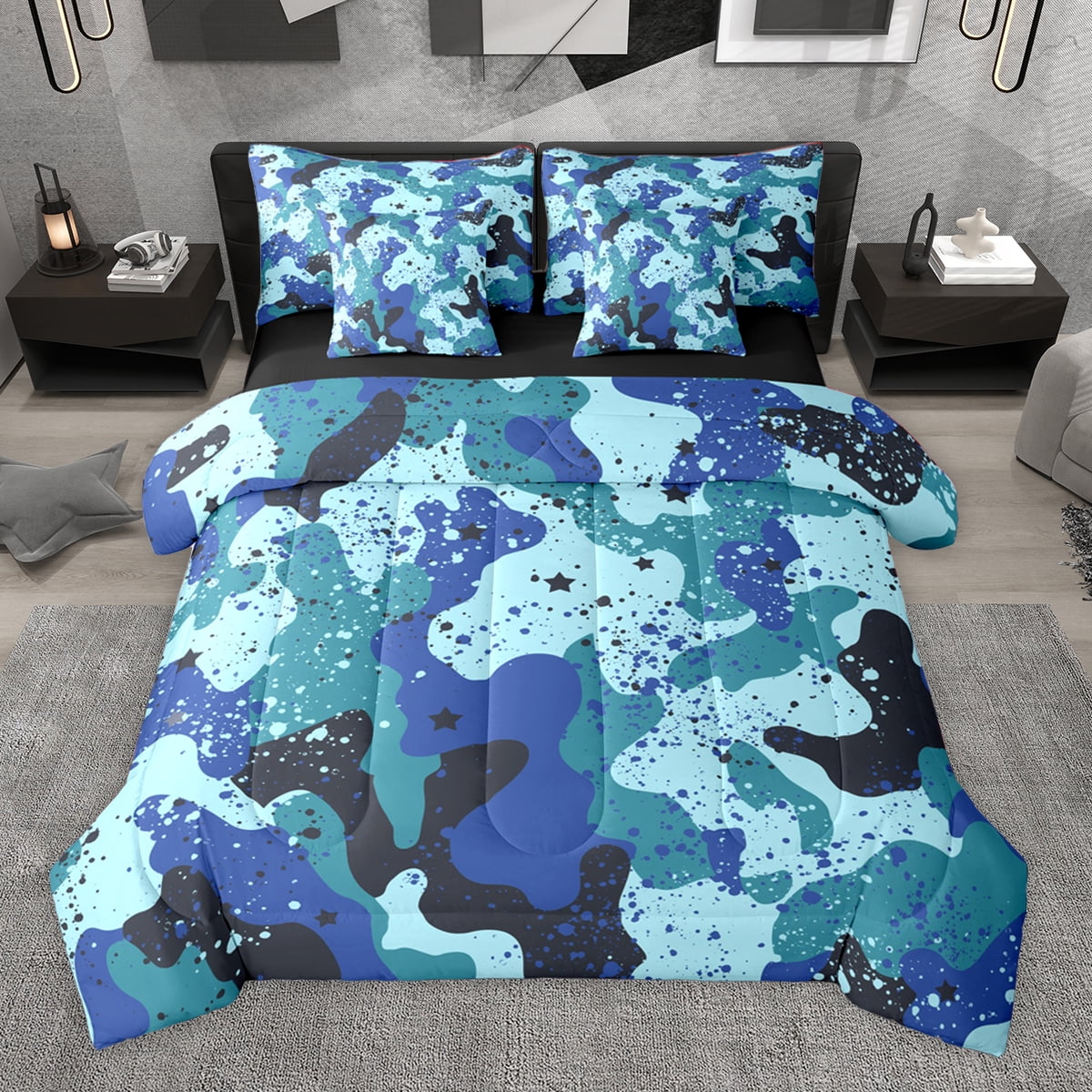 Homewish Vintage Camouflage 7-Piece Bedding Comforter Set,Watercolor ...