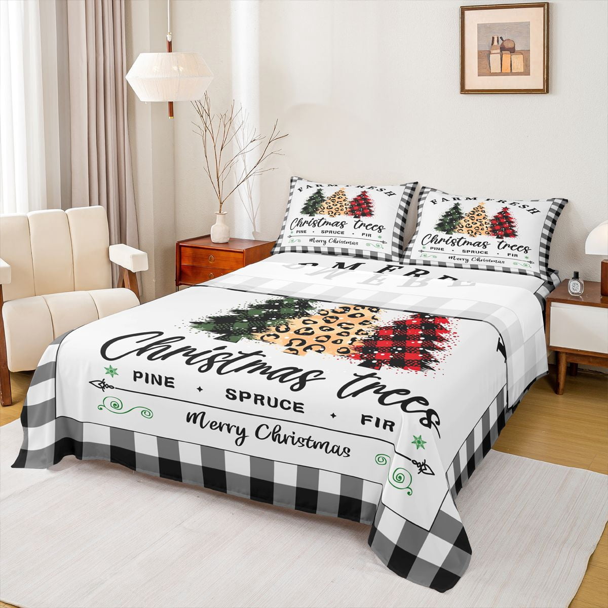 Homewish Vintage Christmas Tree Bed Sheets, Fashion Buffalo Plaid King ...