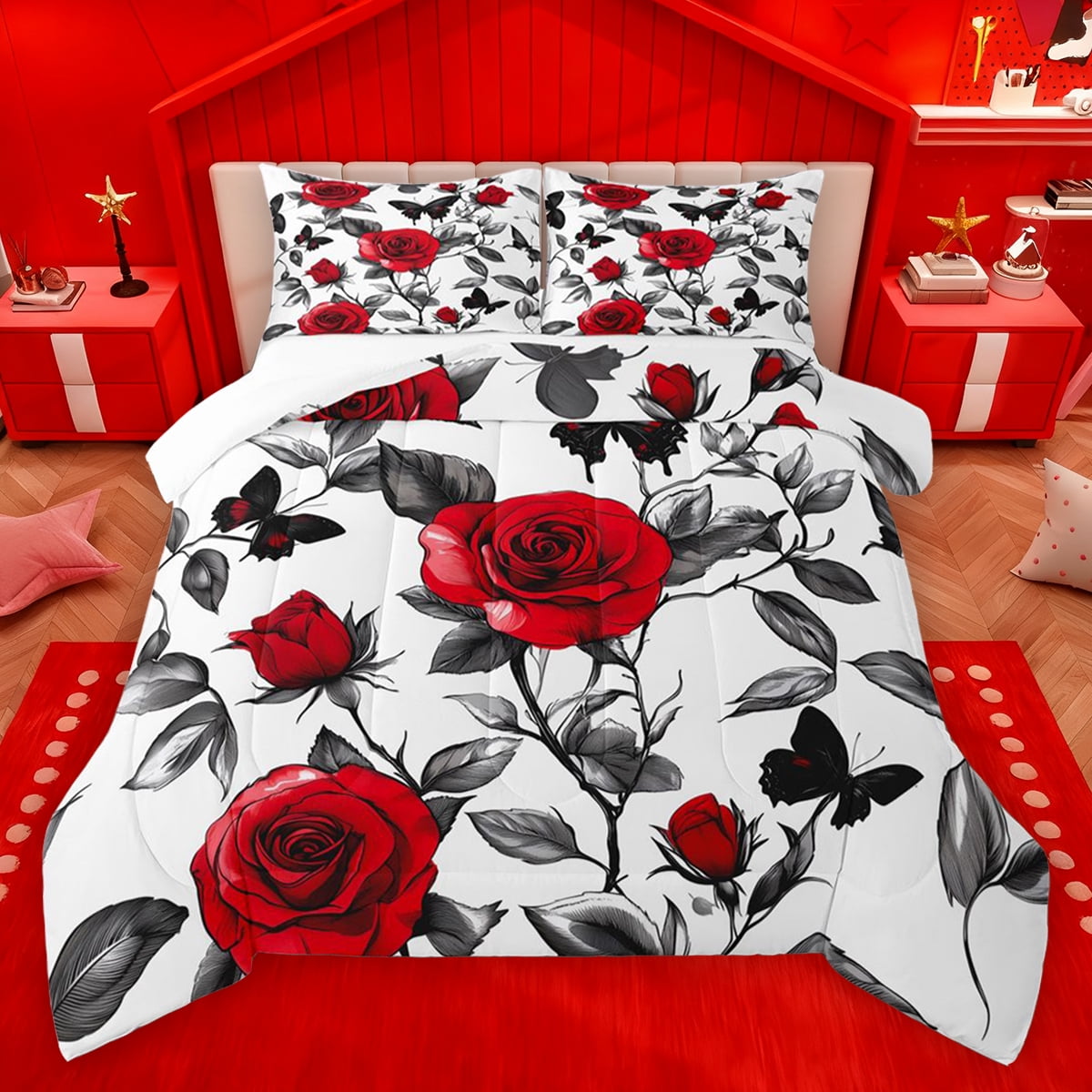 Homewish Vintage Floral Queen Comforter Set,Natural Plant Bedding Sets ...