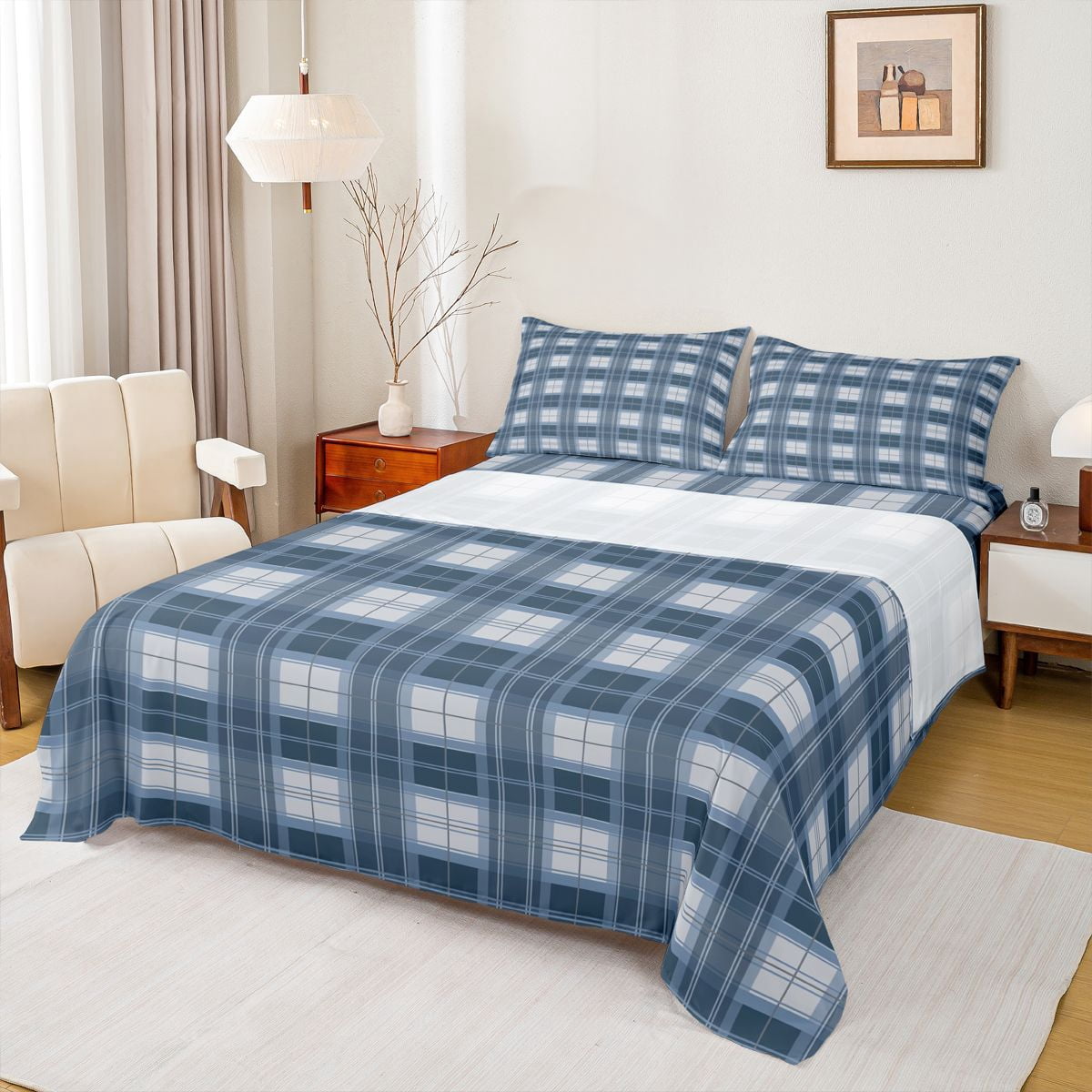 Homewish Vintage Grid Pattern Queen Sheet Sets,Geometric Checkered ...
