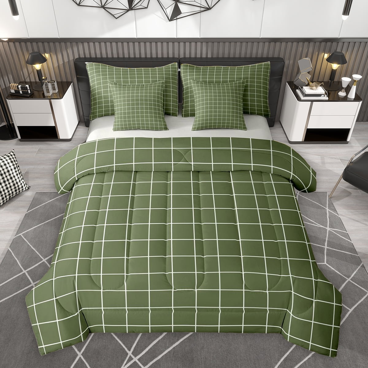 Homewish Vintage Rectangle Plaid Bedding Comforter Set 7 Pieces ...
