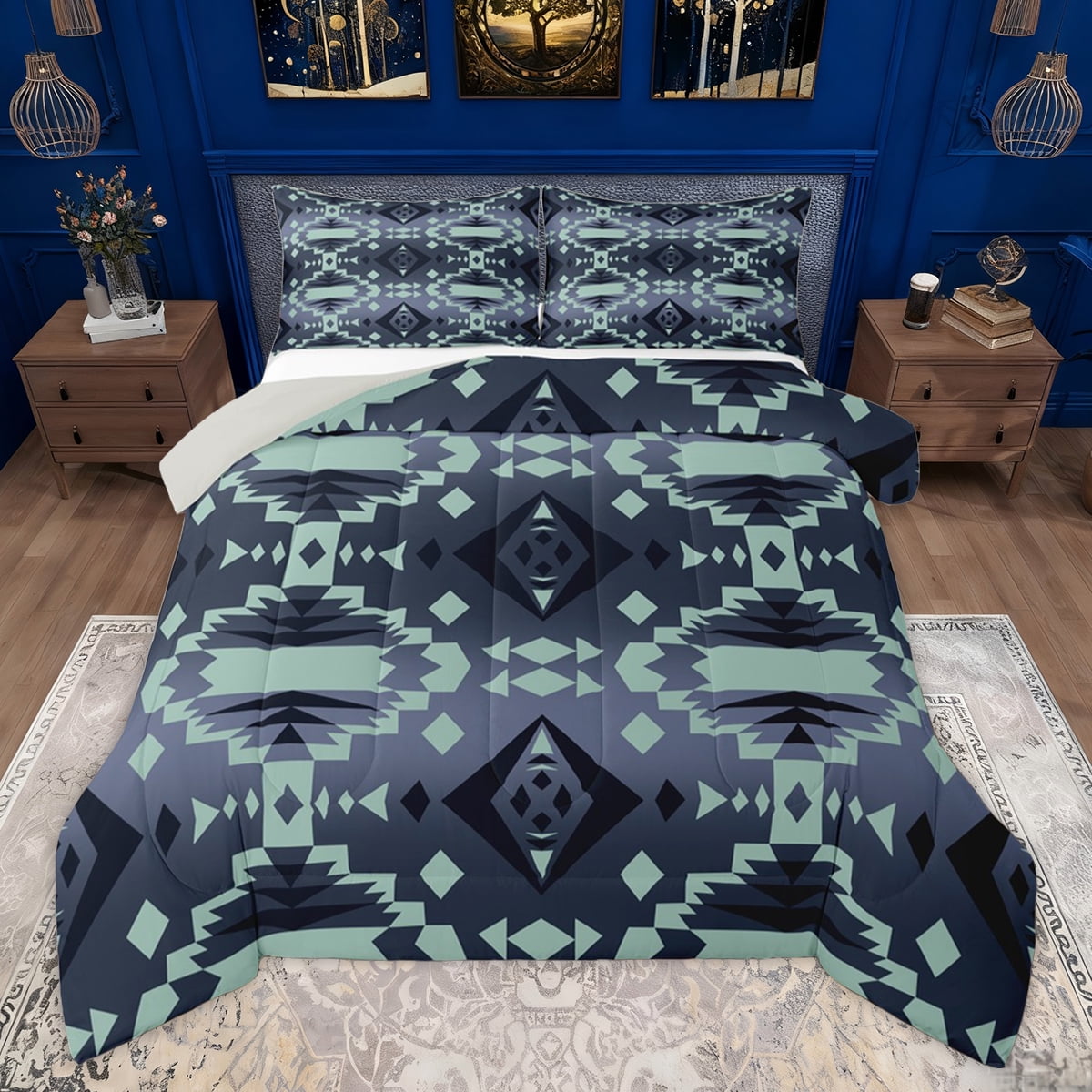 Homewish Vintage Tribal Aztec Bedding Comforter Set for Adult, Blue ...
