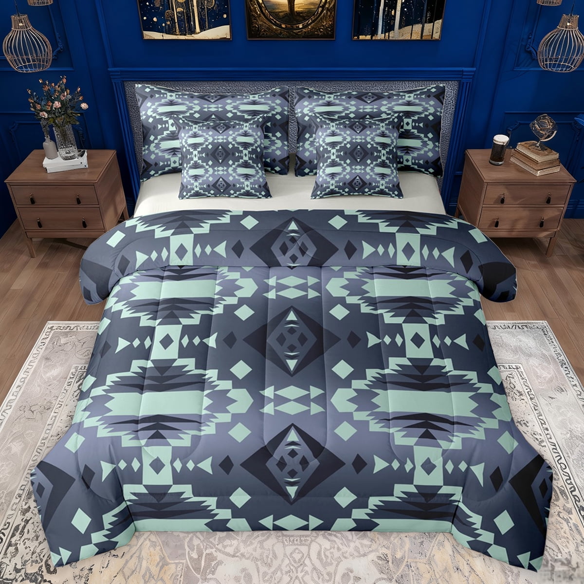 Homewish Vintage Tribal Aztec Twin Bedding Sets 7-Piece for Adult, Blue ...