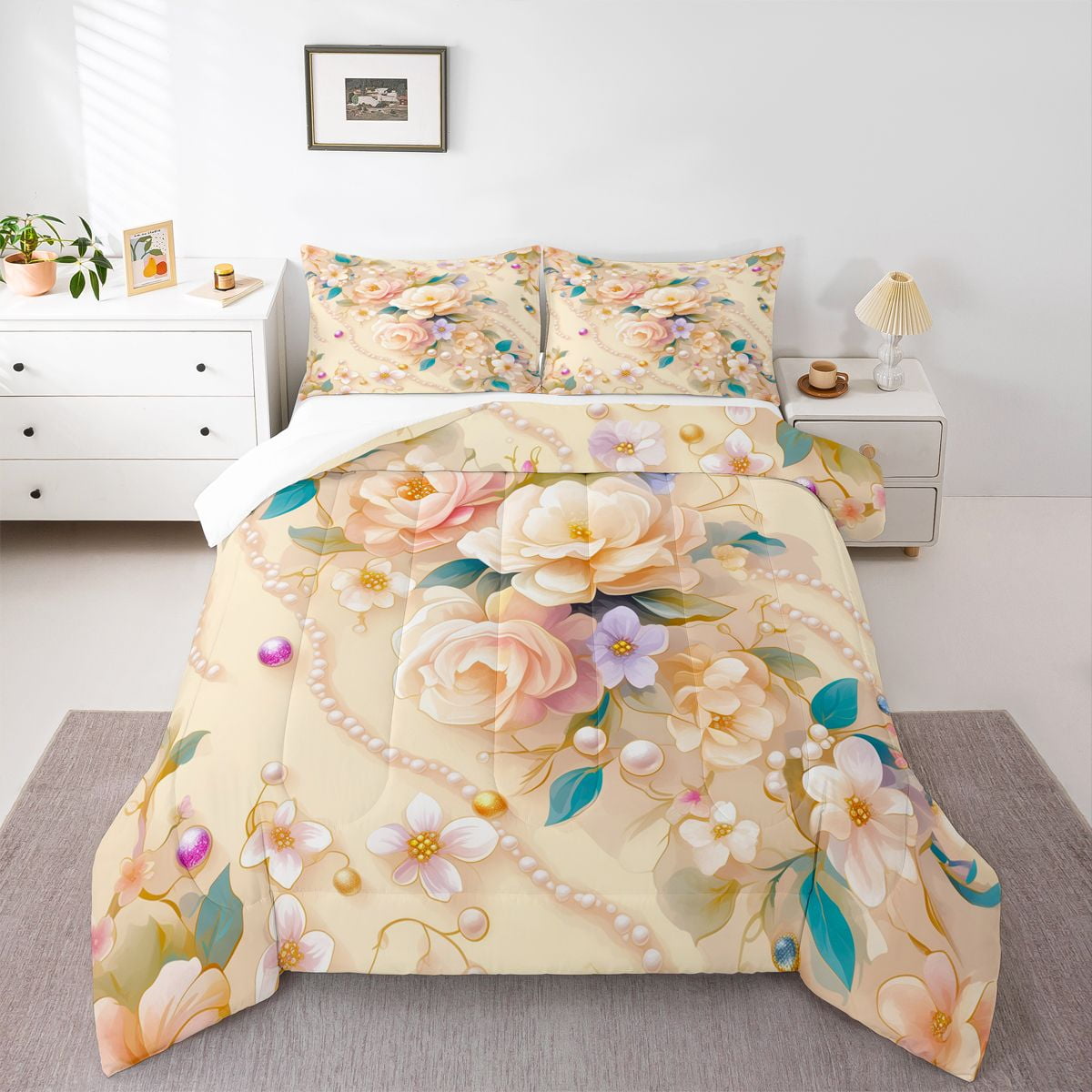 Homewish Vintage Western Flower Queen Comforter Set, Chic Pearl Bedding ...