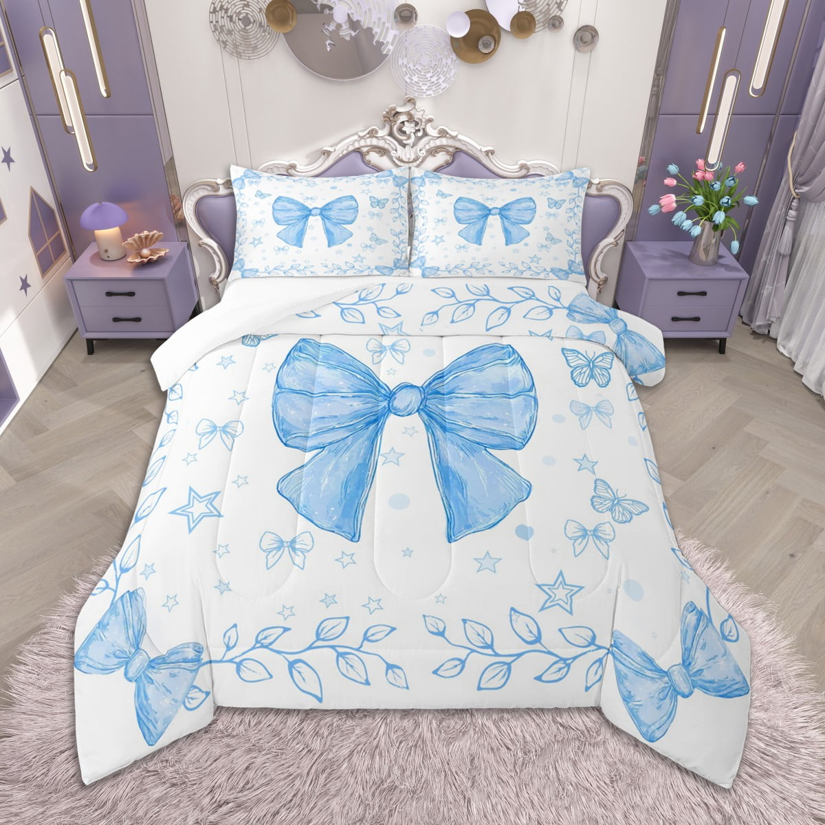 Homewish Watercolor Bow Bedding Comforter Set for Cute Girls, Blue Star ...