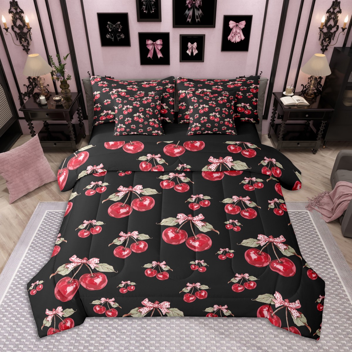 Homewish Watercolor Cherry Bedding Comforter Set 7pcs for Girls, Kawaii ...