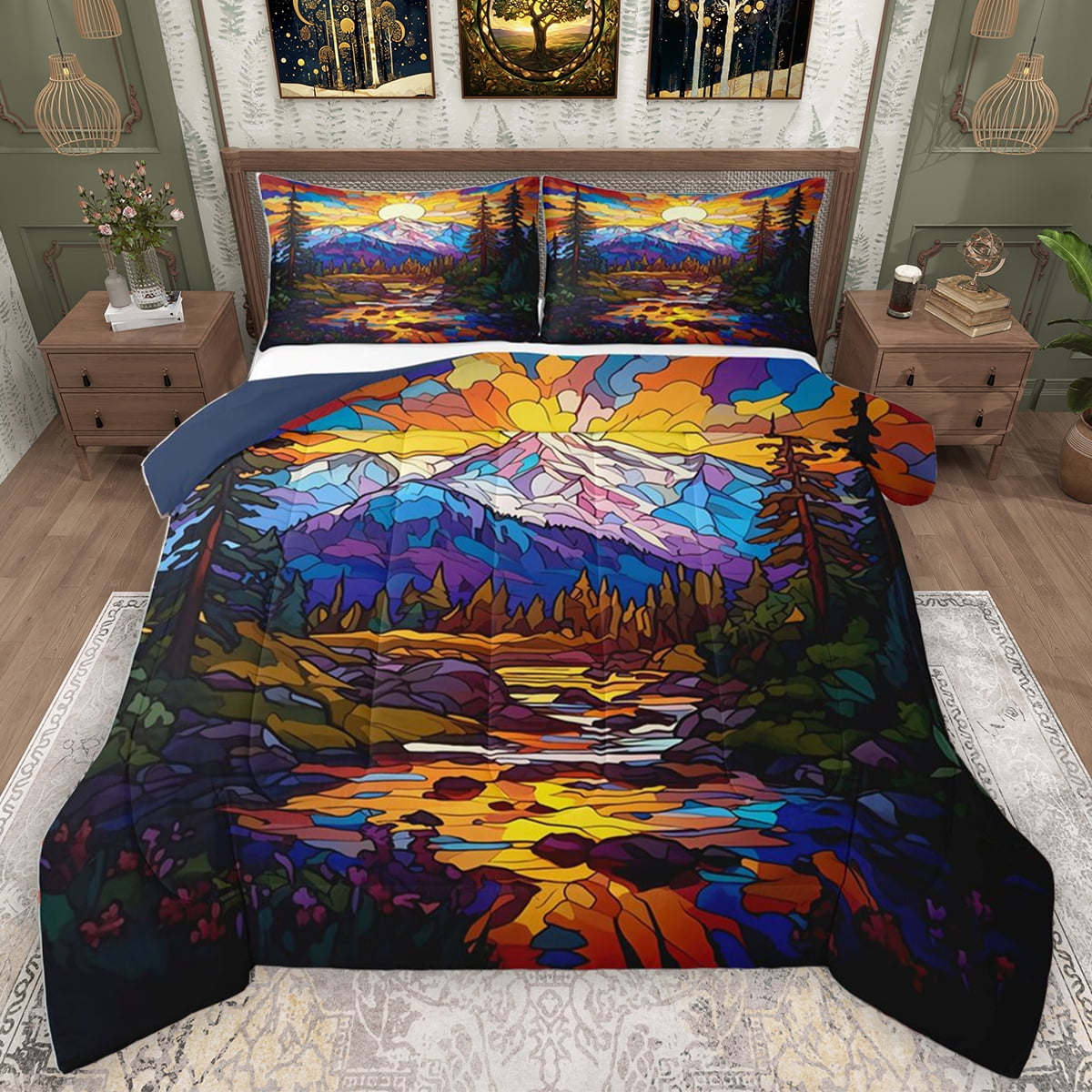 Homewish Watercolor Glass Aesthetic Queen Comforter Set,Mountain Pine ...
