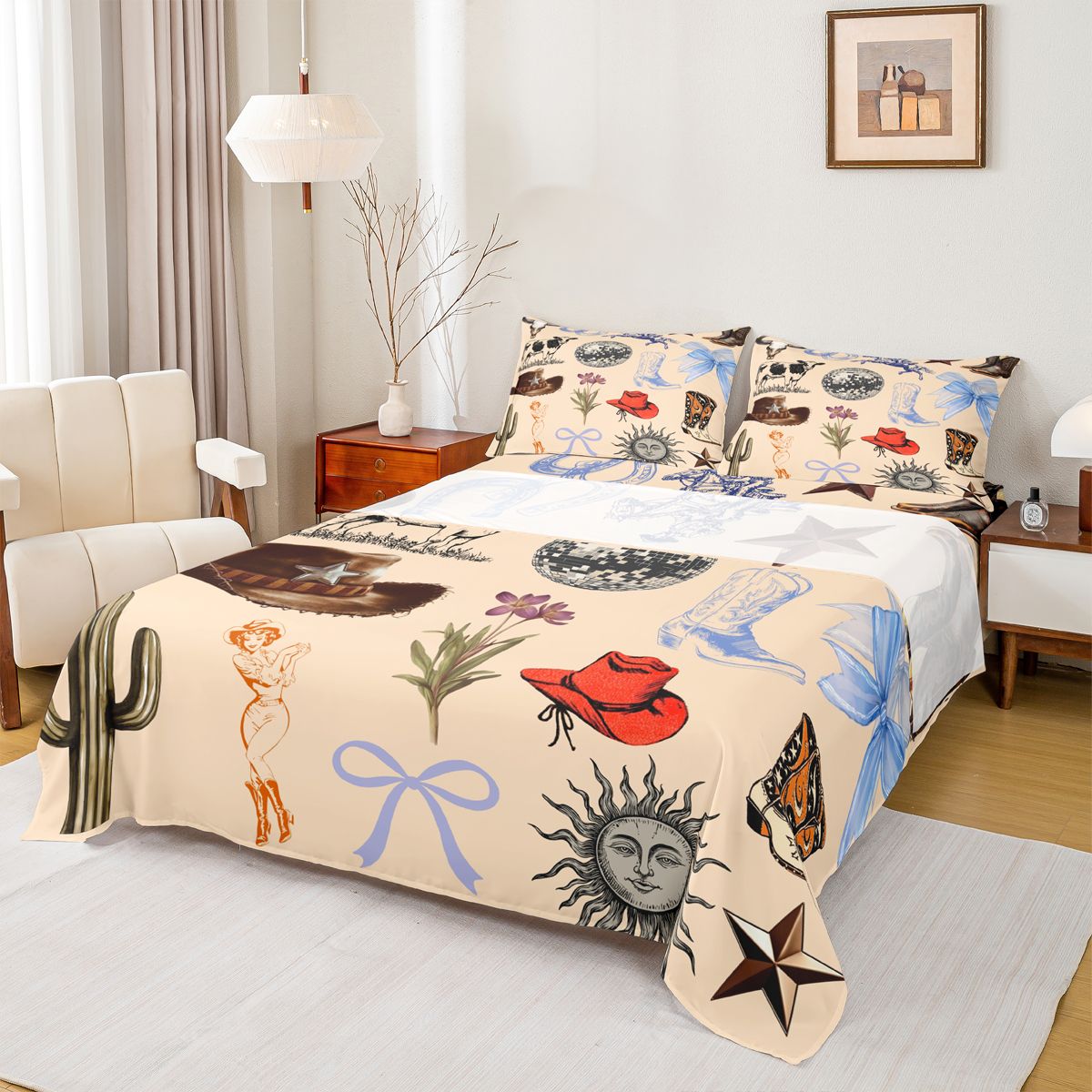 Homewish Western Cowboy Cowgirl 4 Pieces Queen Sheet Sets for Teens ...