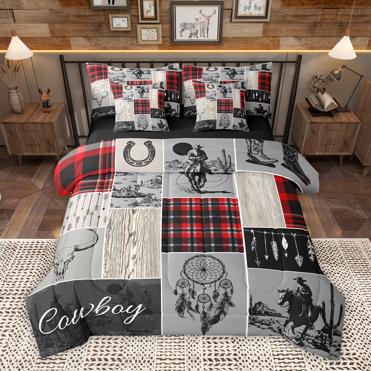 Homewish Western Cowgirl Cowboy Bedding Comforter Set 7pcs, Grey Red ...