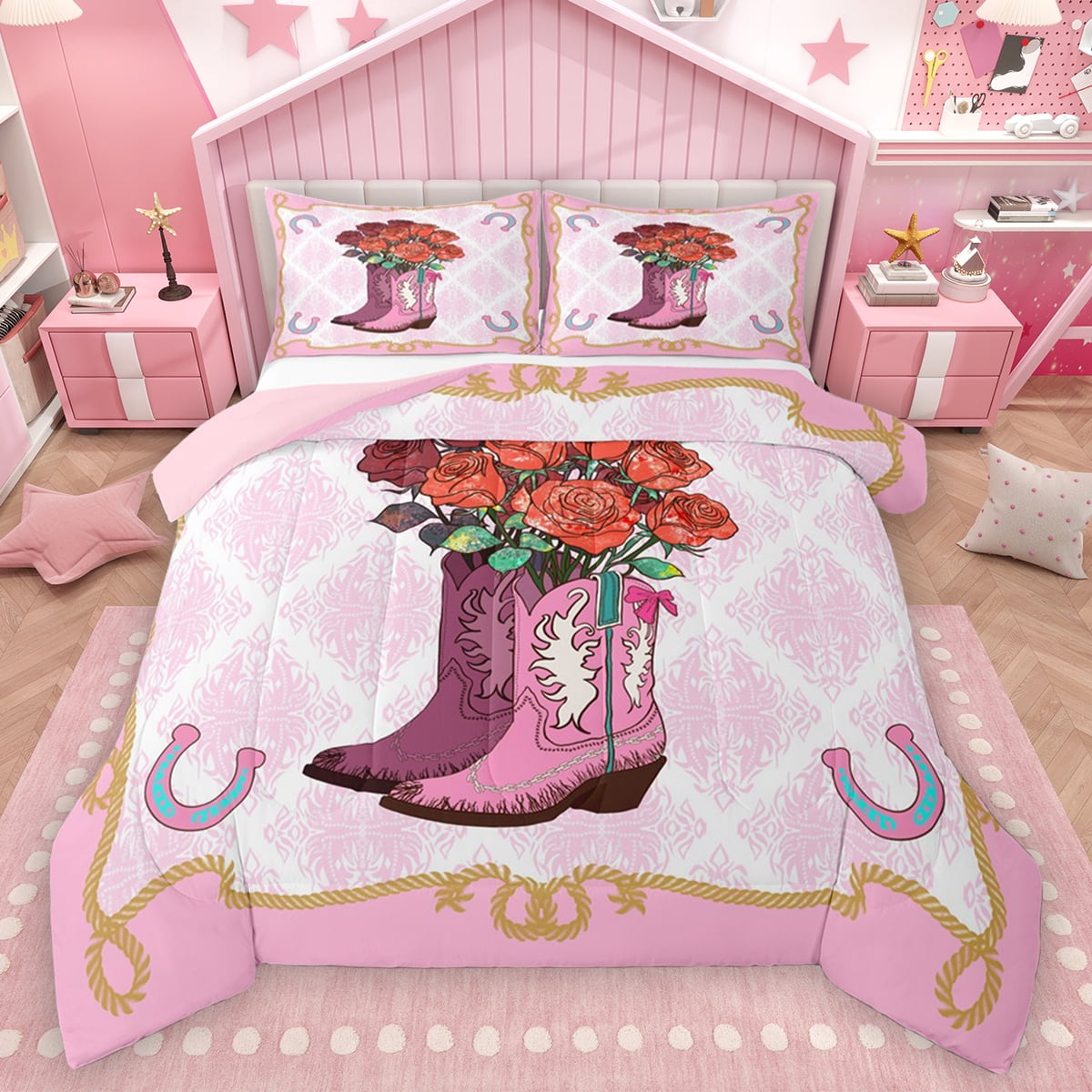Homewish Western Princess Boot Full Size Comforter Sets for Girl, Pink ...